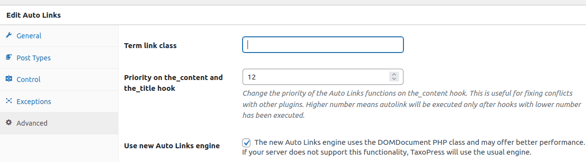 Auto Links Options - TaxoPress