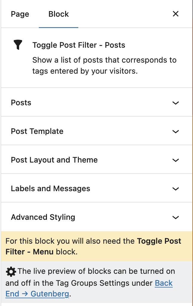 Toggle Post Filter, Posts - Gutenberg Block - TaxoPress